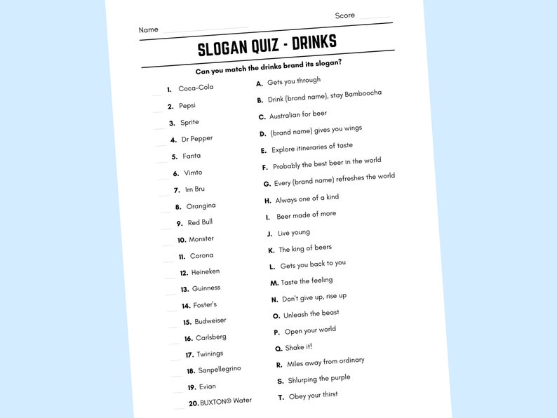 Printable Drinks Slogan Match up Quiz With Answers - Etsy