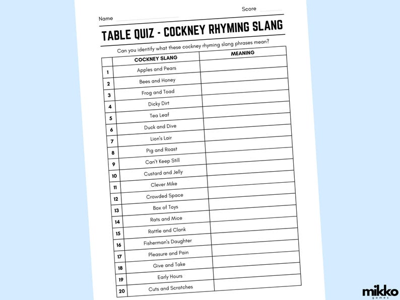 Printable Cockney Rhyming Slang Table Quiz With Answers | Downloadable ...