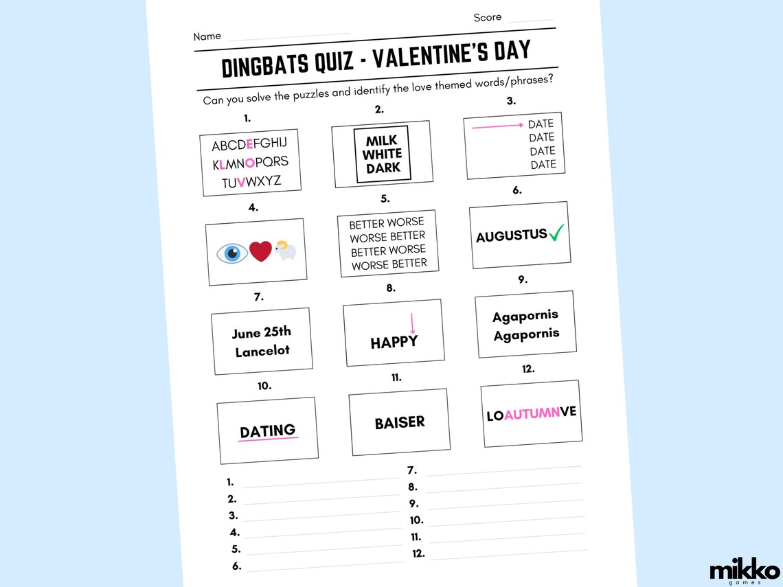 Printable Valentine’s Day Dingbats Picture Quiz With Answers: Instant ...