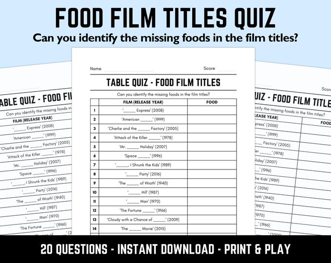 Printable Food Film Titles Table Quiz With Answers | Downloadable Pub ...