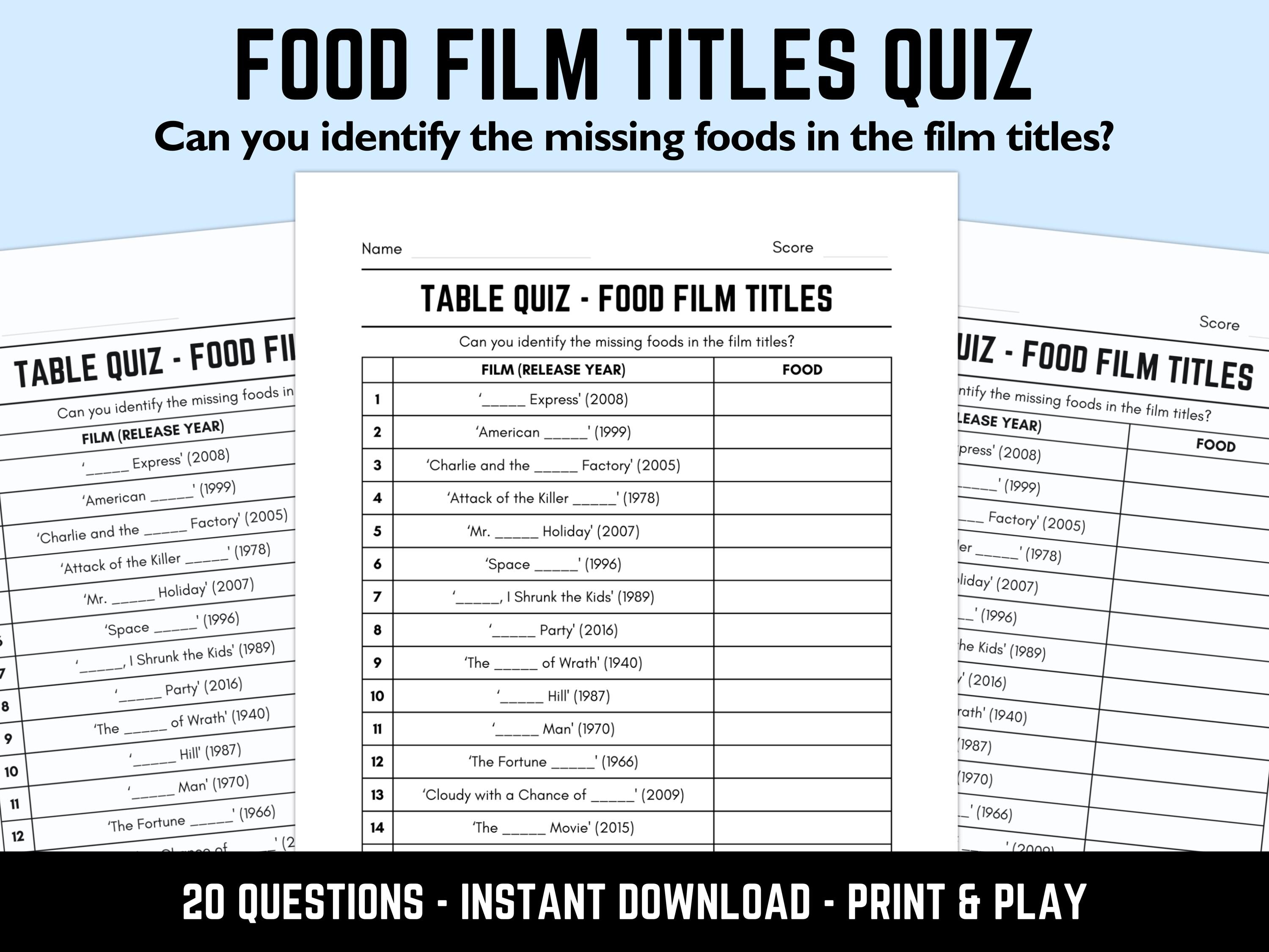 Printable Food Film Titles Table Quiz With Answers | Downloadable Pub ...