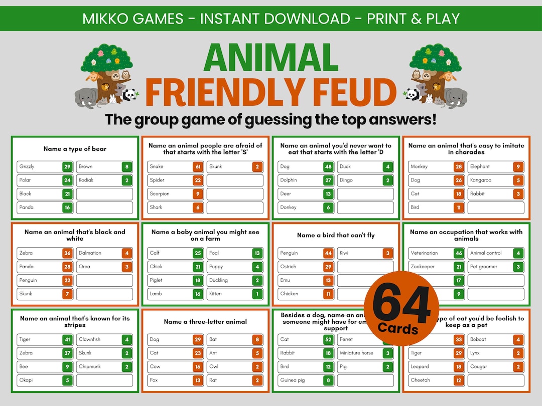 Animal Friendly Feud: Printable Large Group Party Game for Kids ...