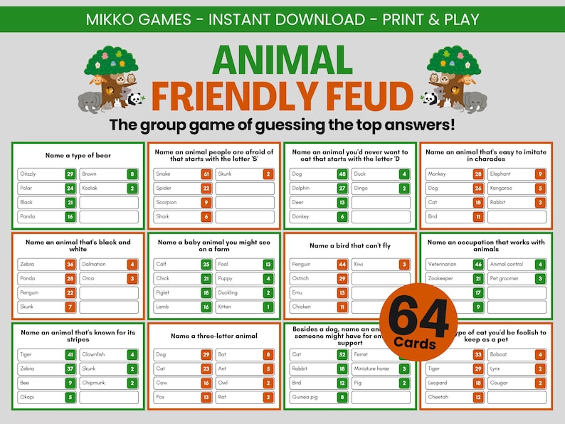 Animal Friendly Feud: Printable Large Group Party Game for Kids ...