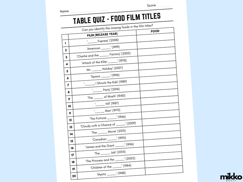 Printable Food Film Titles Table Quiz With Answers | Downloadable Pub ...
