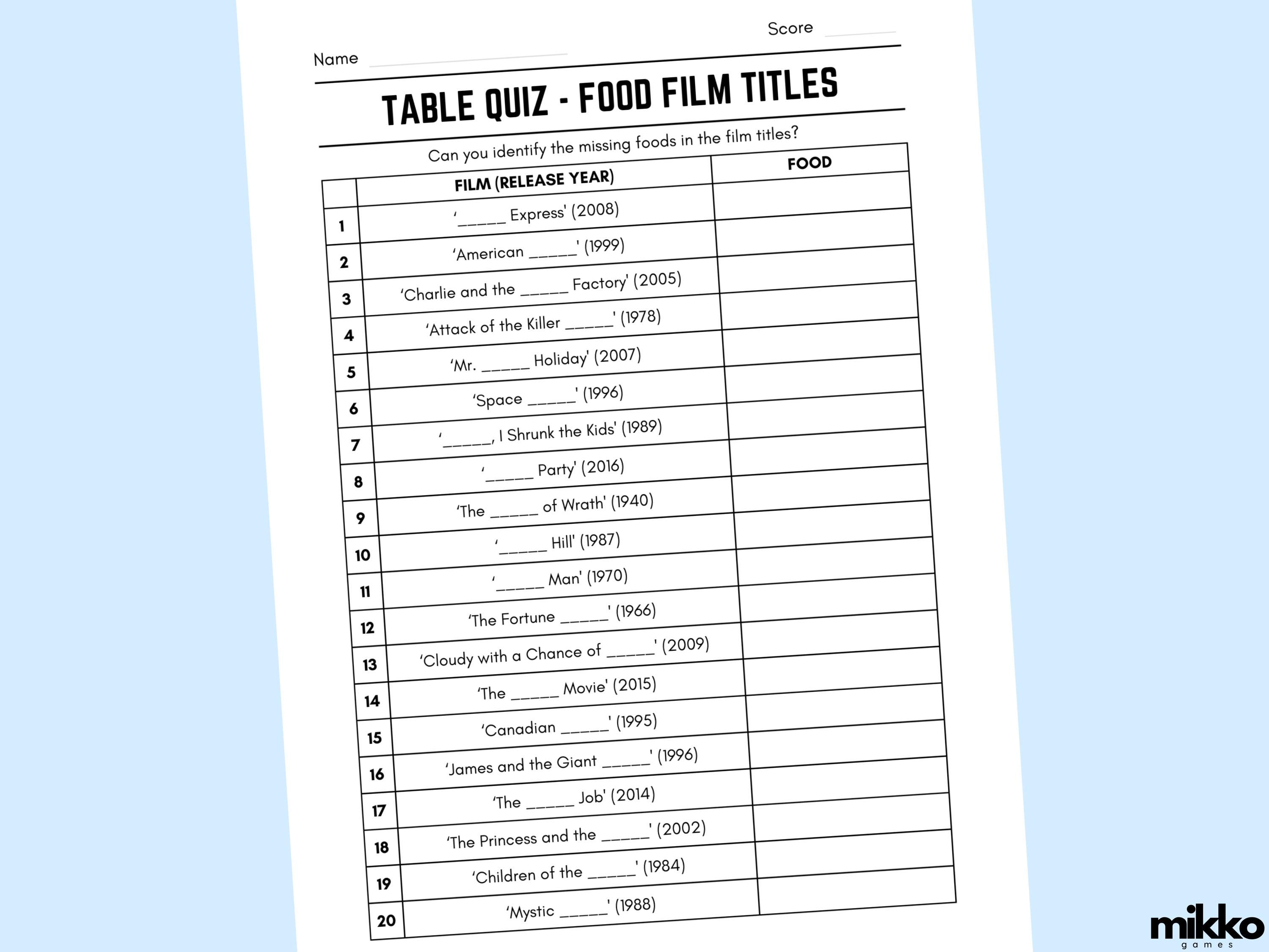 Printable Food Film Titles Table Quiz With Answers | Downloadable Pub ...