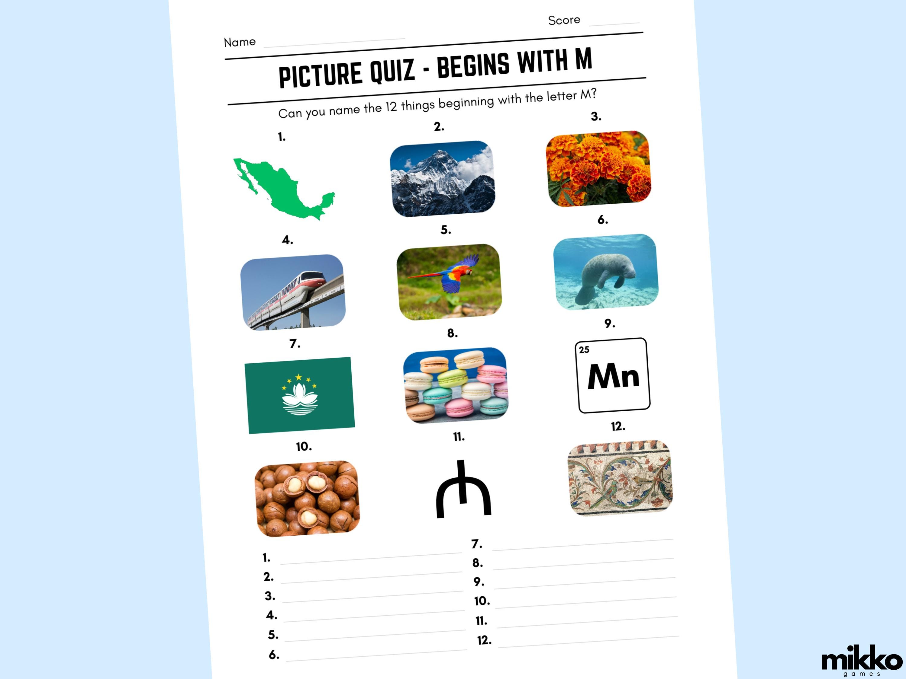 Printable Begins With M Picture Quiz With Answers | Picture Round Quiz ...