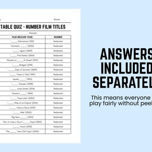 Printable Number Film Titles Table Quiz With Answers: Downloadable Pub ...