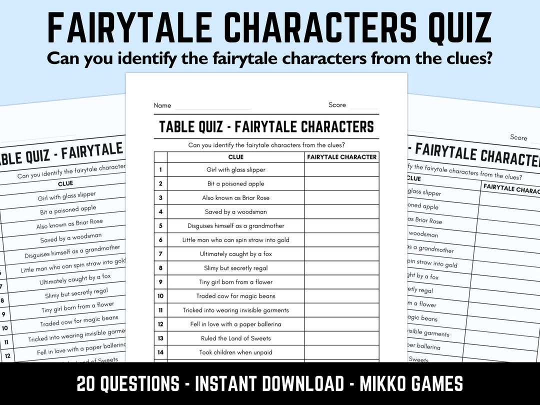 Printable Fairytale Characters Table Quiz With Answers: Downloadable ...