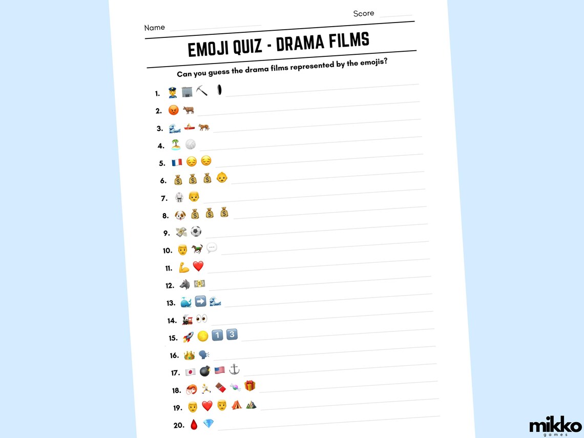 Printable Drama Films Emoji Quiz With Answers: Emoji Pictionary Sheets ...