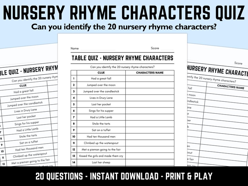 Printable Nursery Rhyme Characters Table Quiz With Answers ...