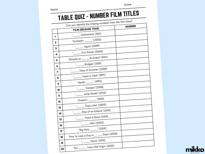 Printable Number Film Titles Table Quiz With Answers | Downloadable Pub ...