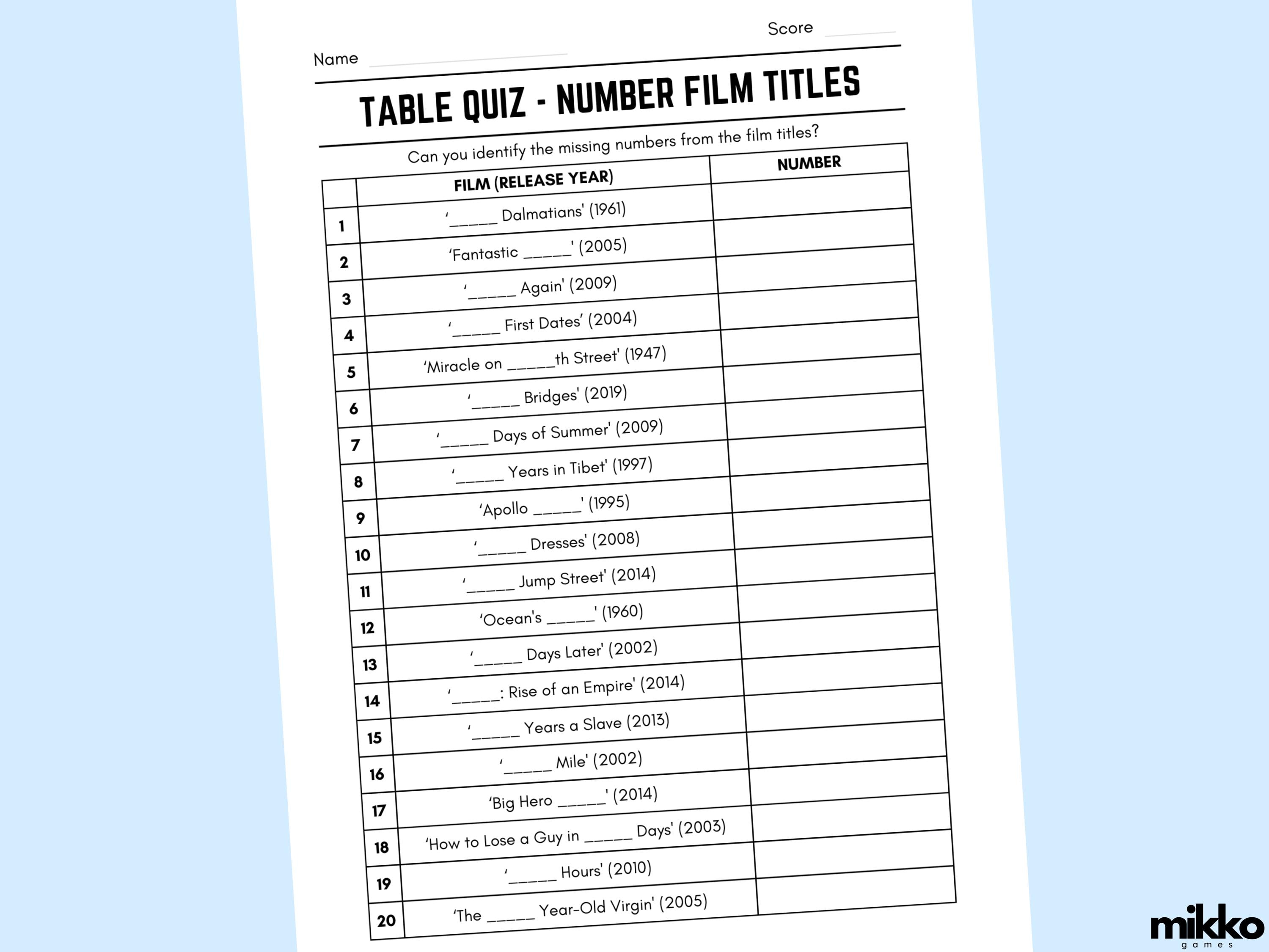 Printable Number Film Titles Table Quiz With Answers | Downloadable Pub ...