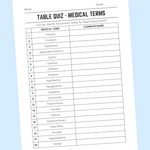 Printable Medical Terms Table Quiz With Answers: Downloadable Pub Quiz ...