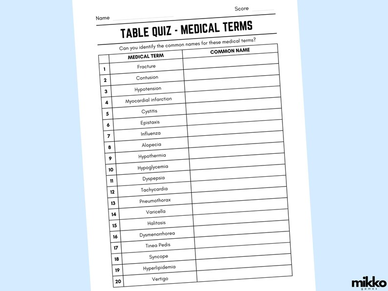 Printable Medical Terms Table Quiz With Answers | Downloadable Pub Quiz ...