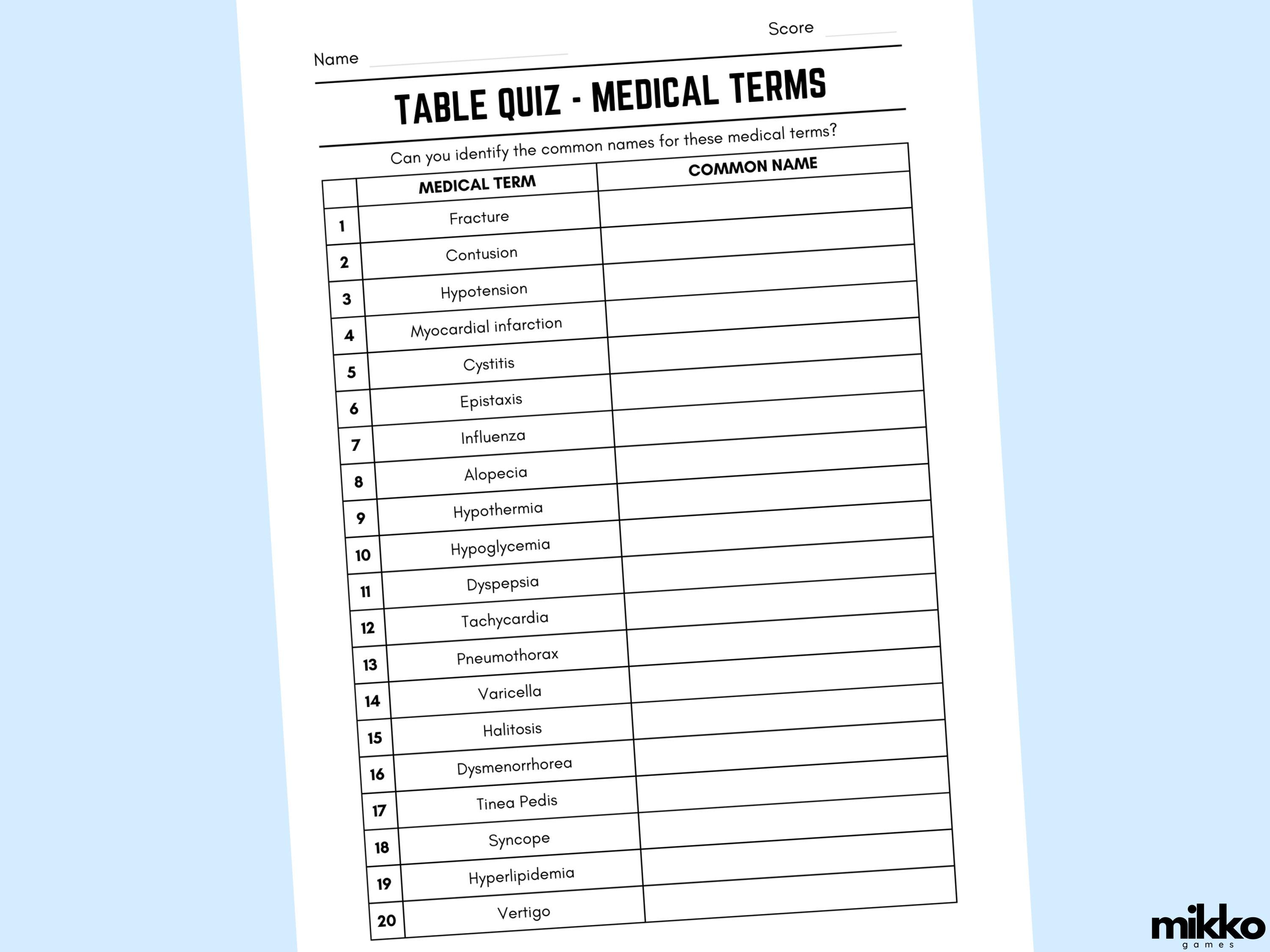 Printable Medical Terms Table Quiz With Answers: Downloadable Pub Quiz ...