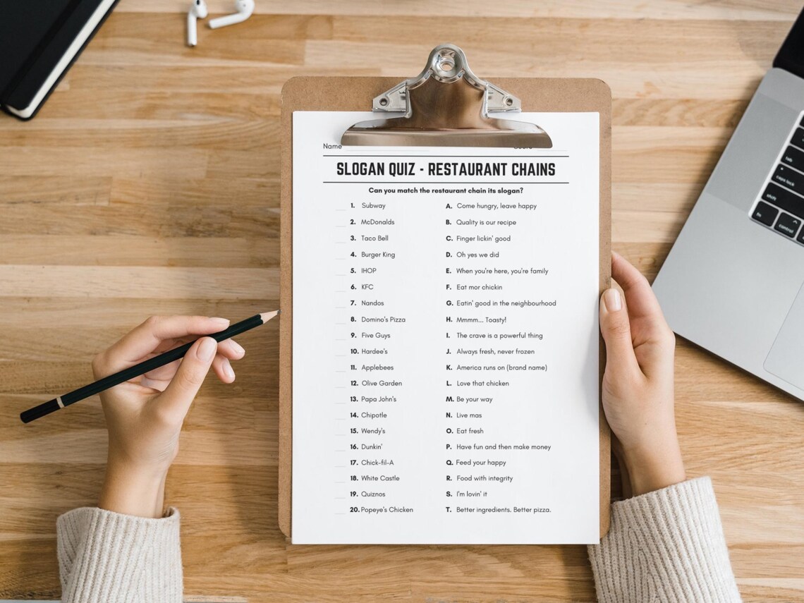 Printable Restaurant Chains Slogan Match up Quiz: Downloadable Table ...