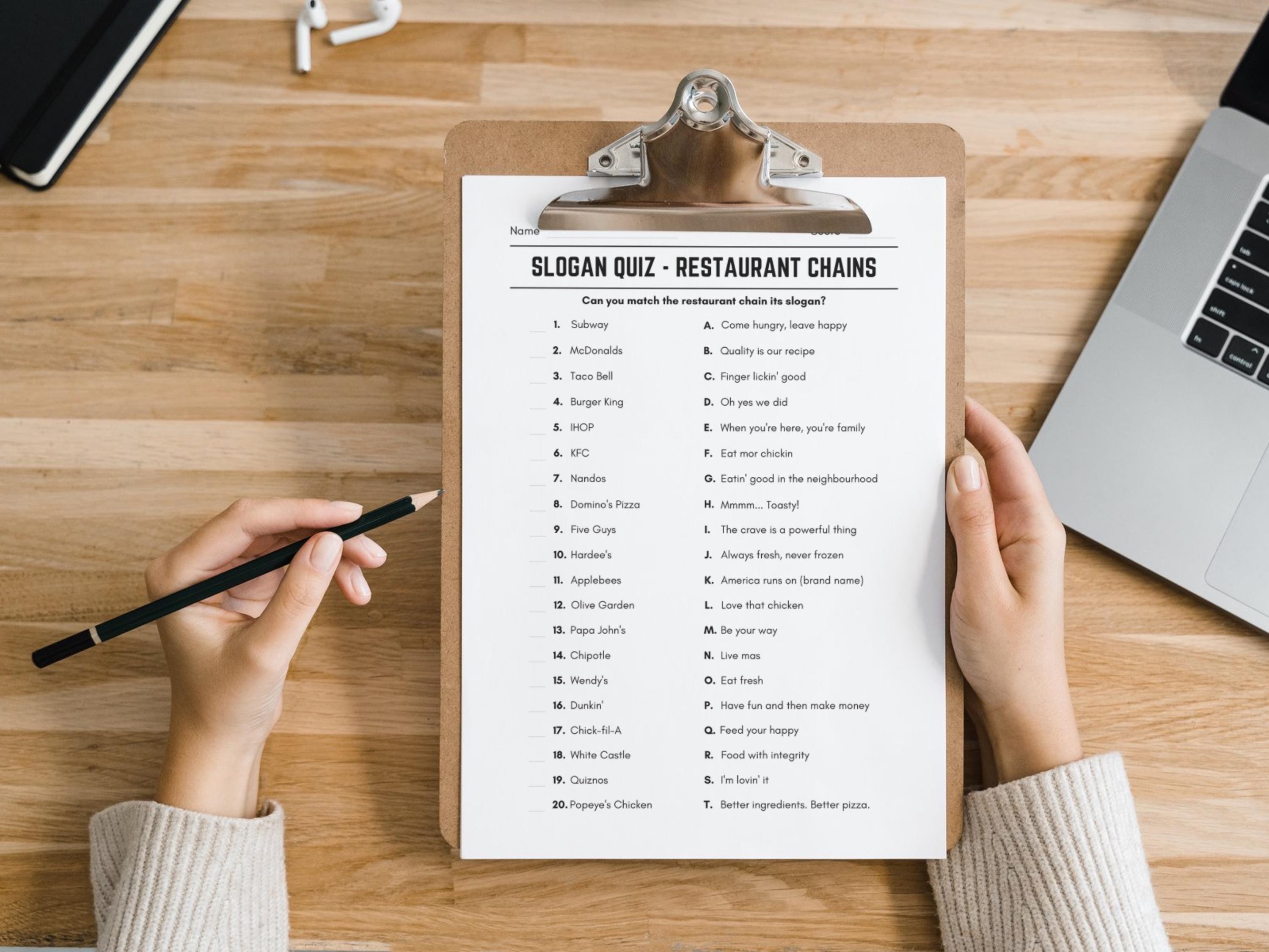Printable Restaurant Chains Slogan Match up Quiz: Downloadable Table ...