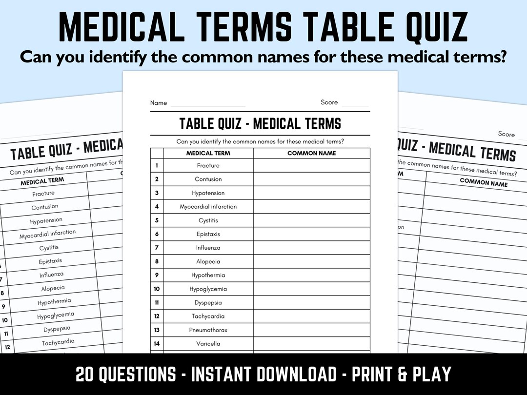 Printable Medical Terms Table Quiz With Answers: Downloadable Pub Quiz ...