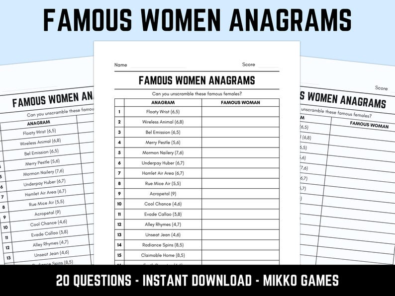 Printable Famous Women Anagrams Quiz With Answers: Fun Word Puzzles ...