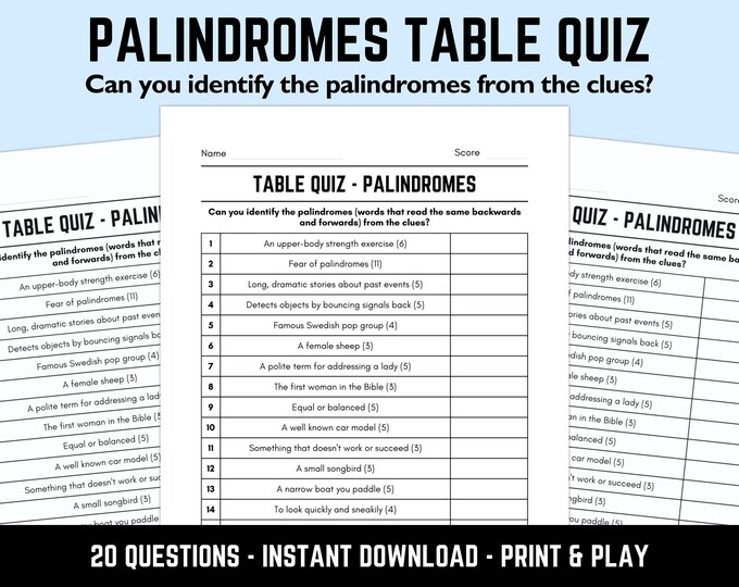 Printable Palindromes Table Quiz With Answers: Downloadable Pub Quiz ...