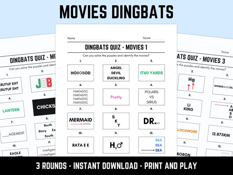 Printable Movies Dingbats Picture Quiz With Answers | Downloadable ...