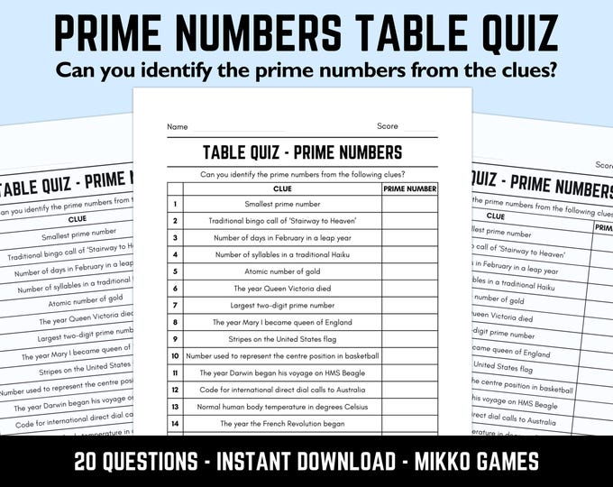 Printable Prime Numbers Table Quiz With Answers: Downloadable Pub Quiz ...