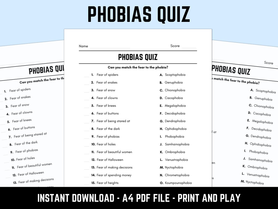 Printable Phobias Match up Quiz With Answers | Picture Round Quiz ...