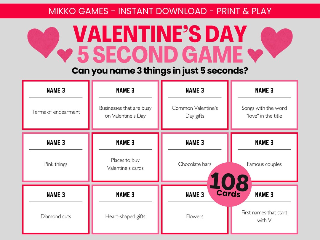 Valentine’s Day 5 Second Game: Printable Large Group Party Game ...