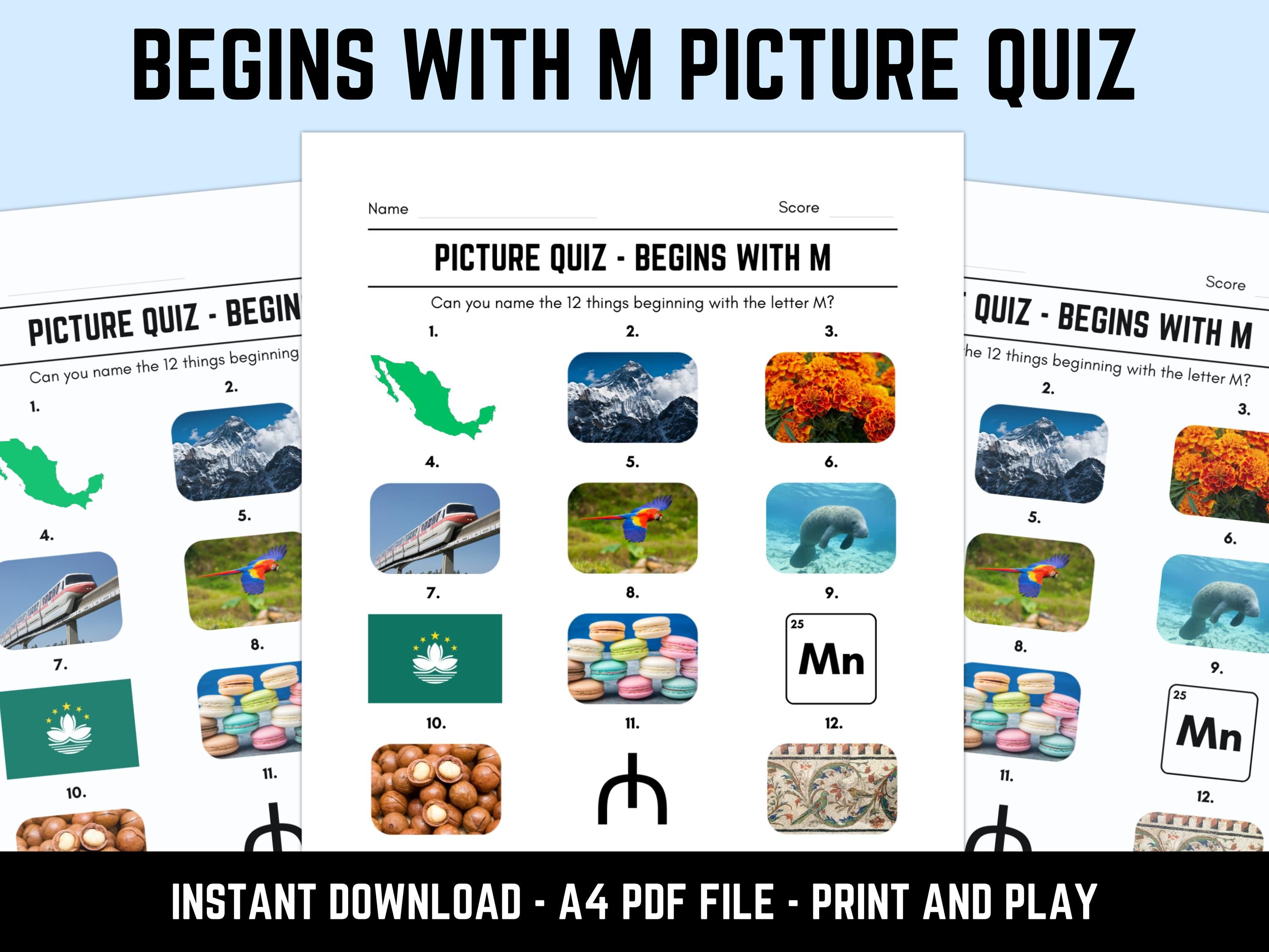 Printable Begins With M Picture Quiz With Answers | Picture Round Quiz ...