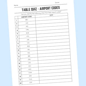 Printable Airport Codes Table Quiz With Answers: Downloadable Pub Quiz ...