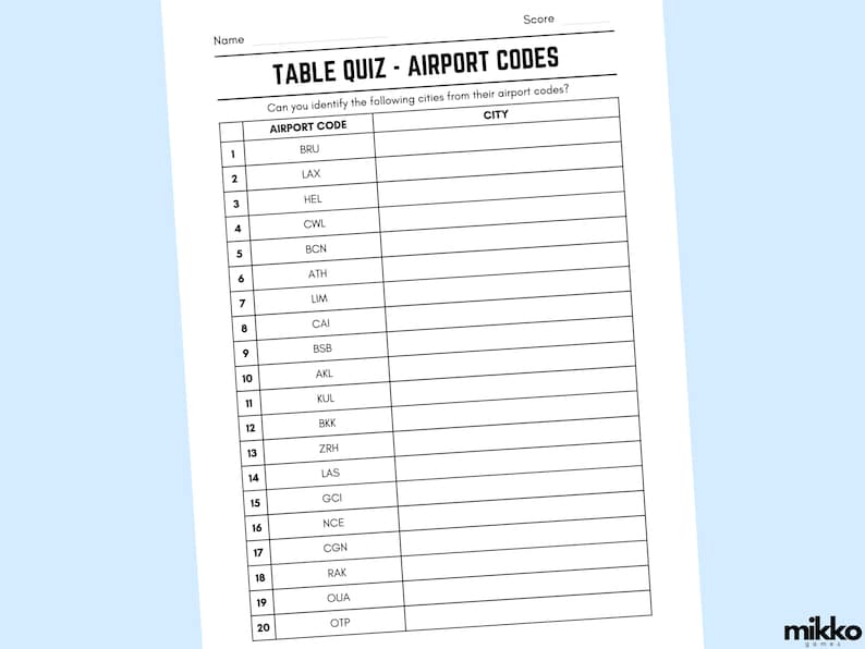 Printable Airport Codes Table Quiz With Answers | Downloadable Pub Quiz ...