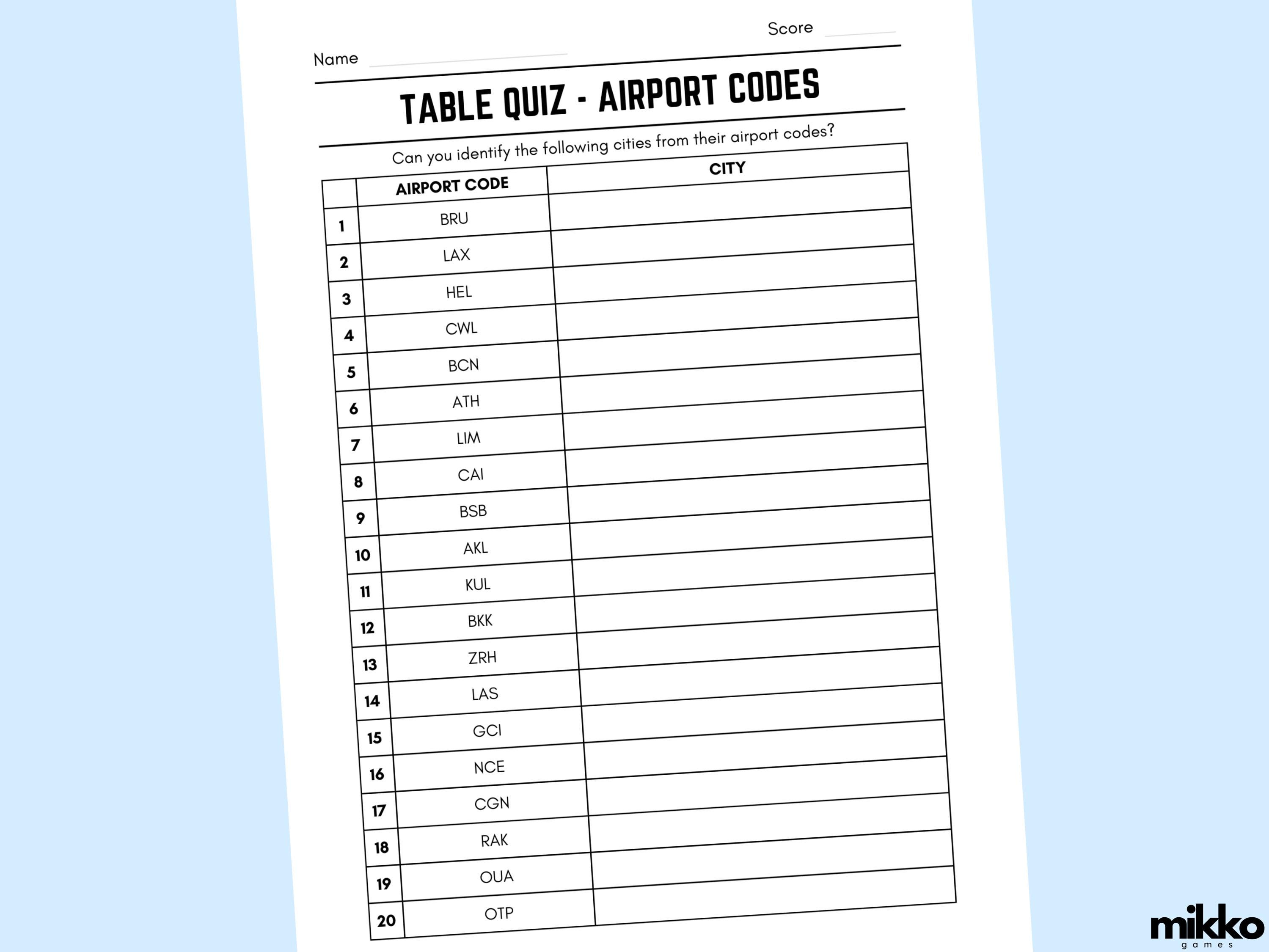Printable Airport Codes Table Quiz With Answers: Downloadable Pub Quiz ...