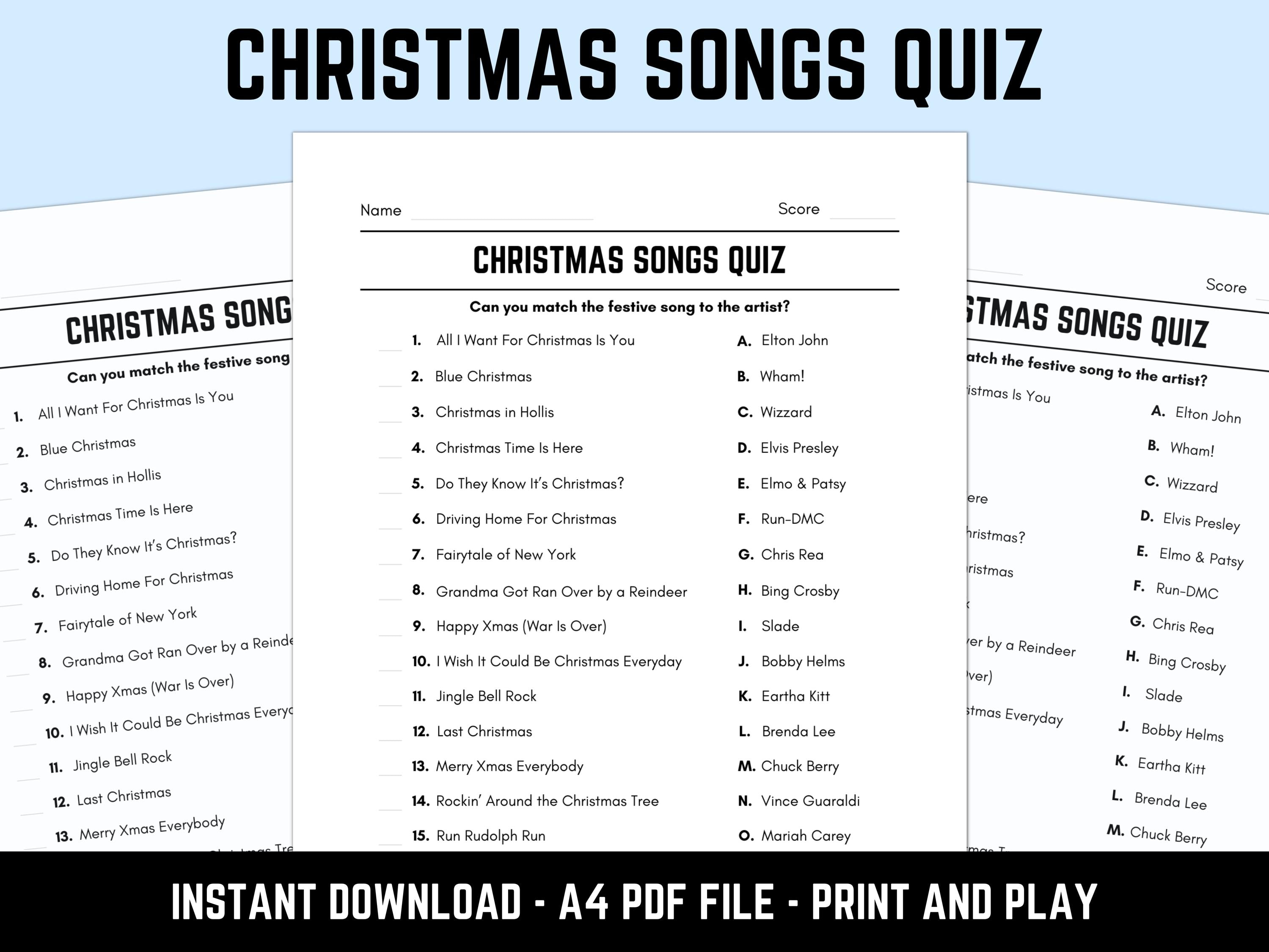 Printable Christmas Songs Match up Quiz With Answers | Picture Round ...