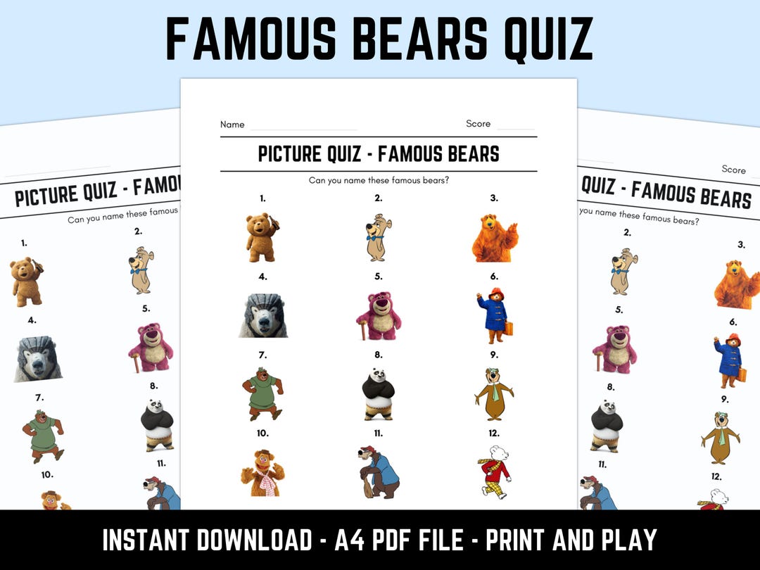 Printable Famous Bears Picture Quiz: Downloadable Pub Quiz Trivia ...