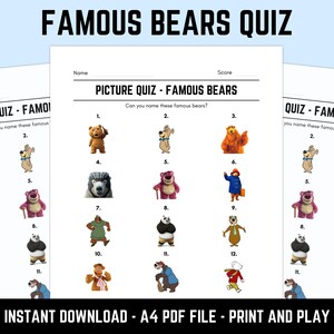 Printable Famous Bears Picture Quiz With Answers: Picture Round Quiz ...