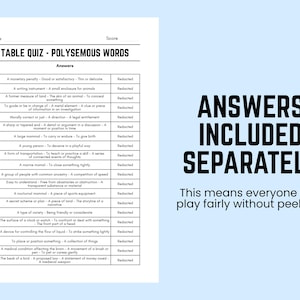 Printable Polysemous Words Table Quiz With Answers: Downloadable Pub ...