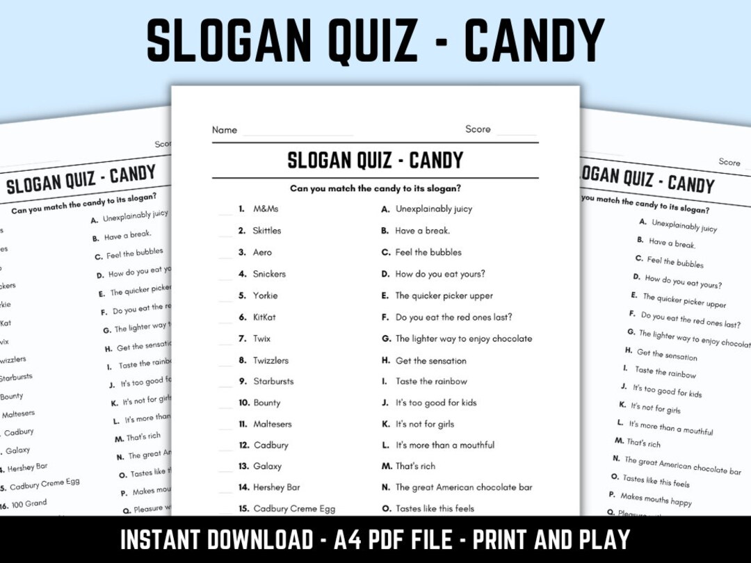 Printable Candy Slogan Match up Quiz With Answers - Etsy UK