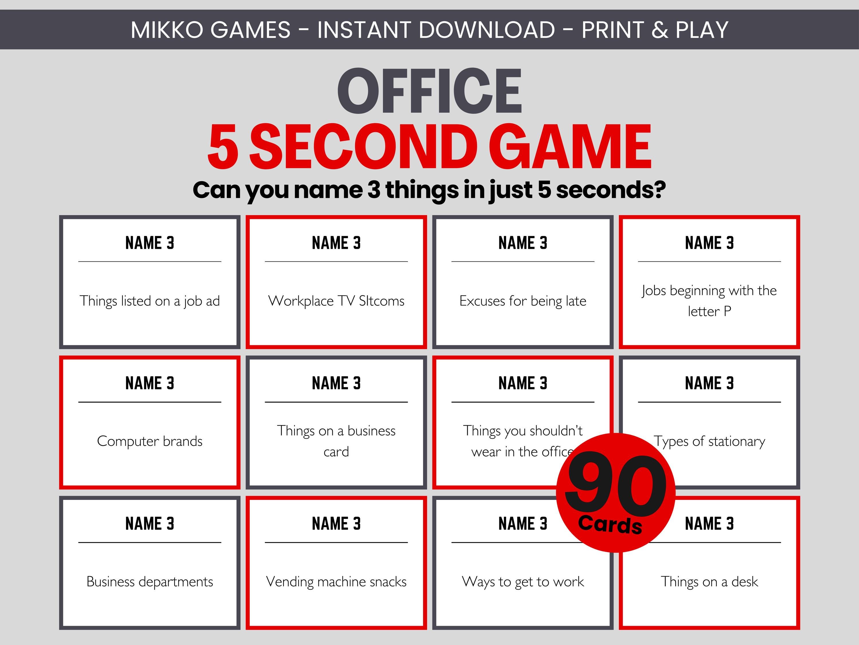 Office 5 Second Game: Printable Party Game for Work Parties & Team ...
