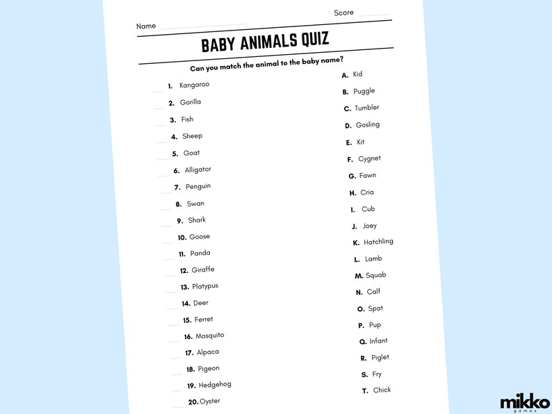 Printable Baby Animals Match up Quiz With Answers - Etsy
