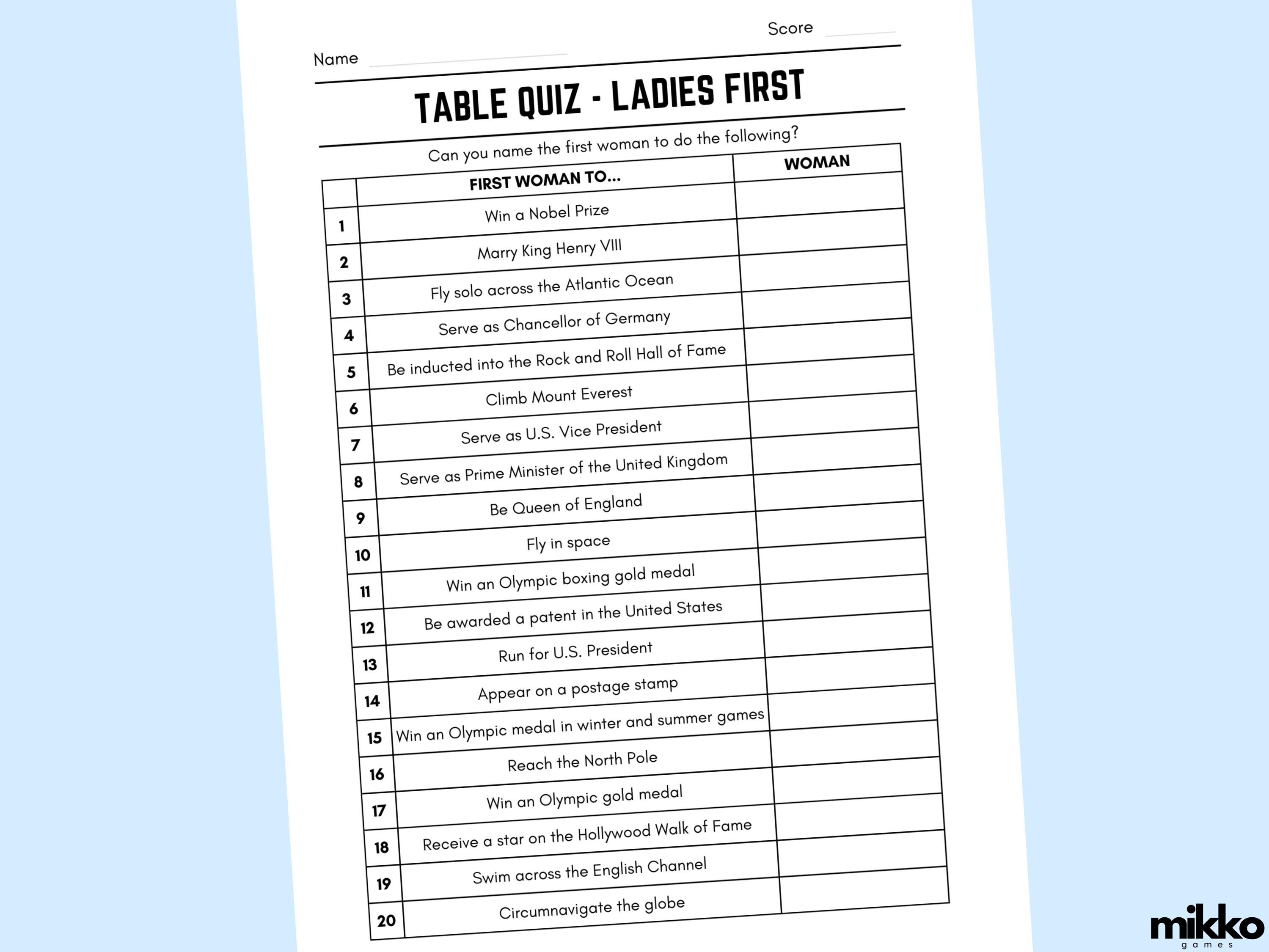 Printable Ladies First Table Quiz With Answers: Downloadable Pub Quiz ...