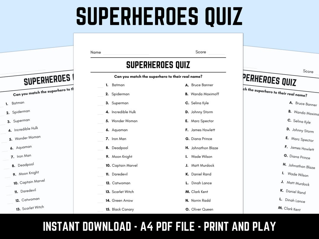 Printable Superheroes Match up Quiz: Downloadable Table Quiz, Pub Quiz ...