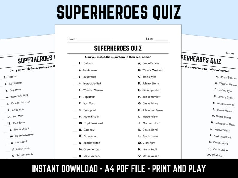 Printable Superheroes Match up Quiz: Downloadable Table Quiz, Pub Quiz ...