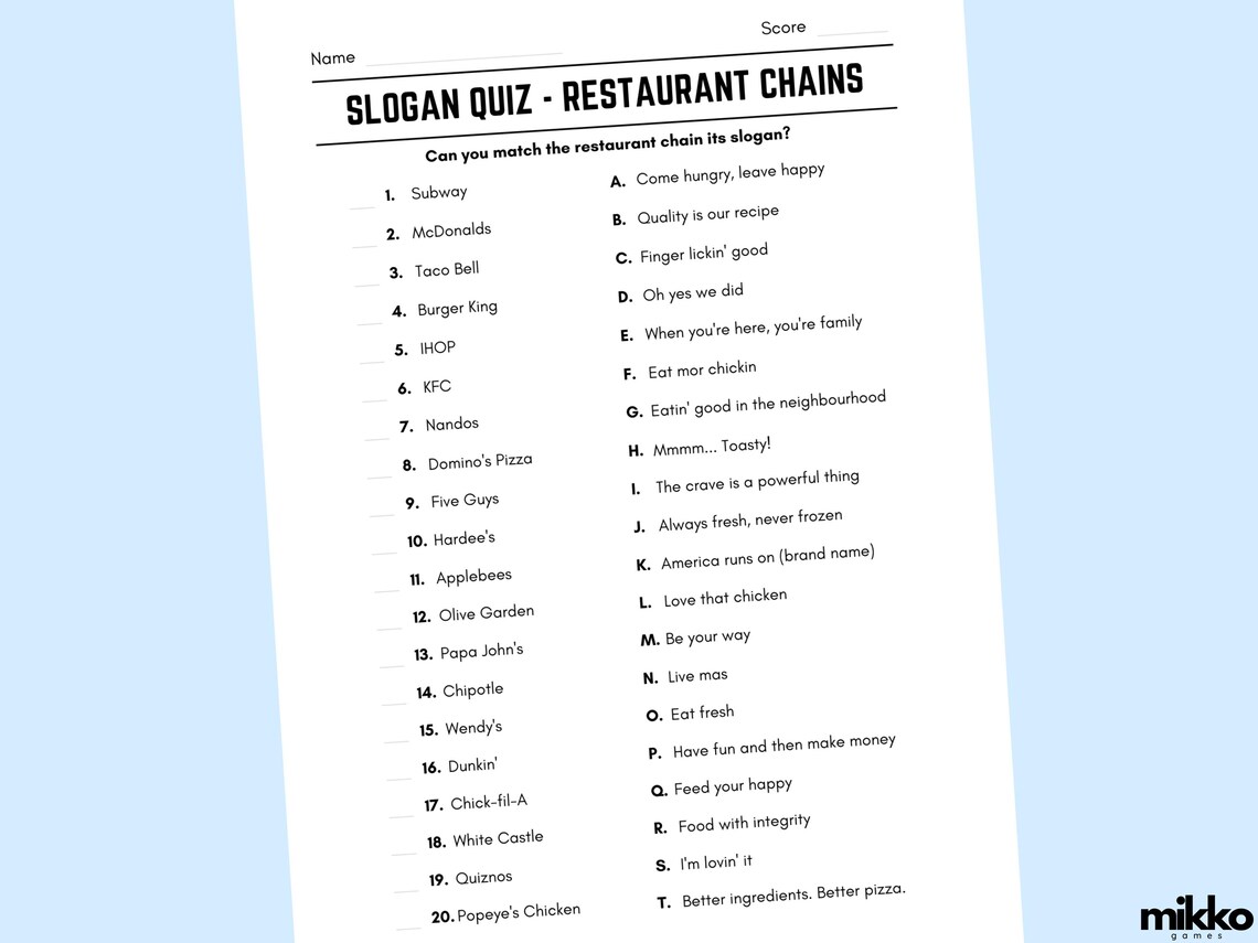 Printable Restaurant Chains Slogan Match up Quiz: Downloadable Pub Quiz ...