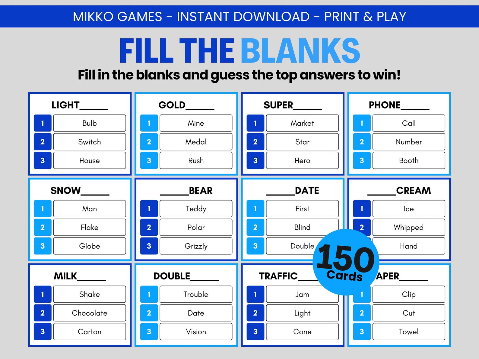 Fill the Blanks: Printable Large Group Party Game for Kids & Adults ...