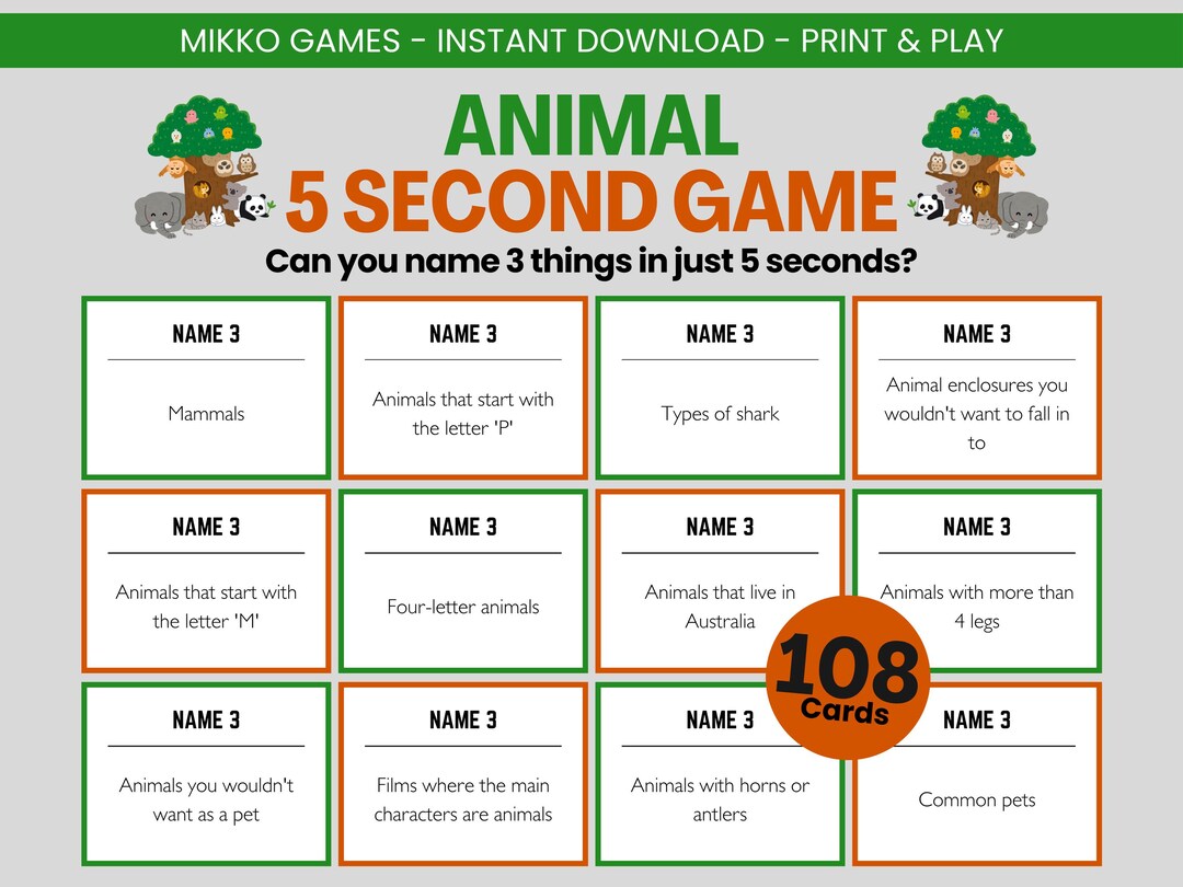 Animal 5 Second Game: Printable Large Group Party Game for Kids ...