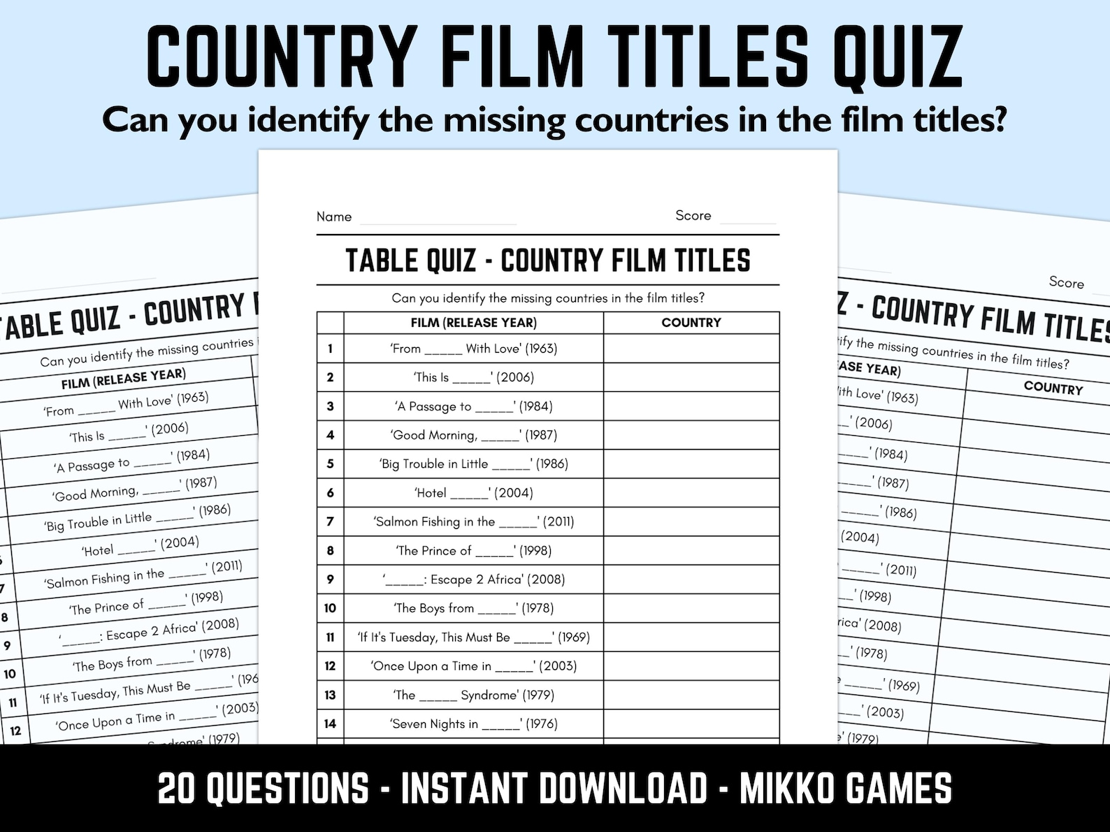 Printable Country Film Titles Table Quiz With Answers: Downloadable Pub ...