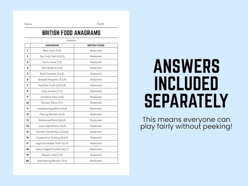 Printable British Food Anagrams Quiz With Answers: Fun Word Puzzles ...