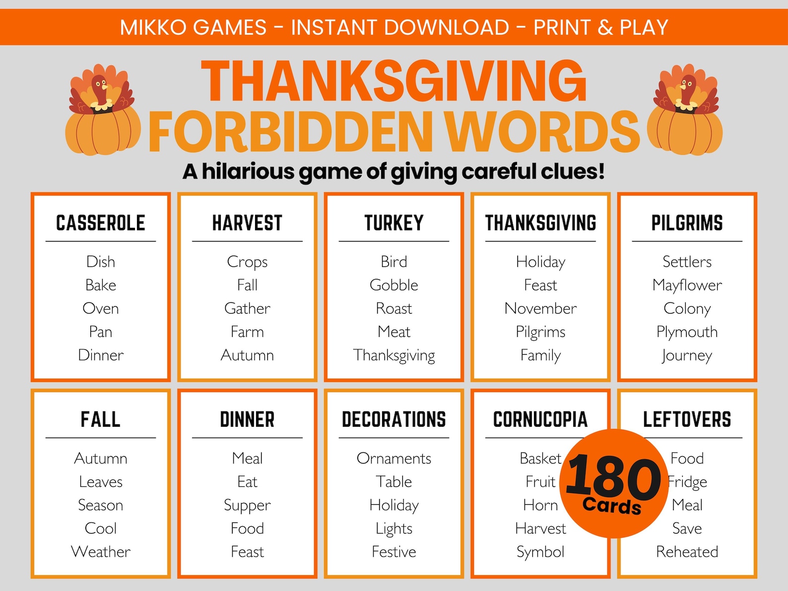 Thanksgiving Forbidden Words: Printable Large Group Party Game for Kids ...