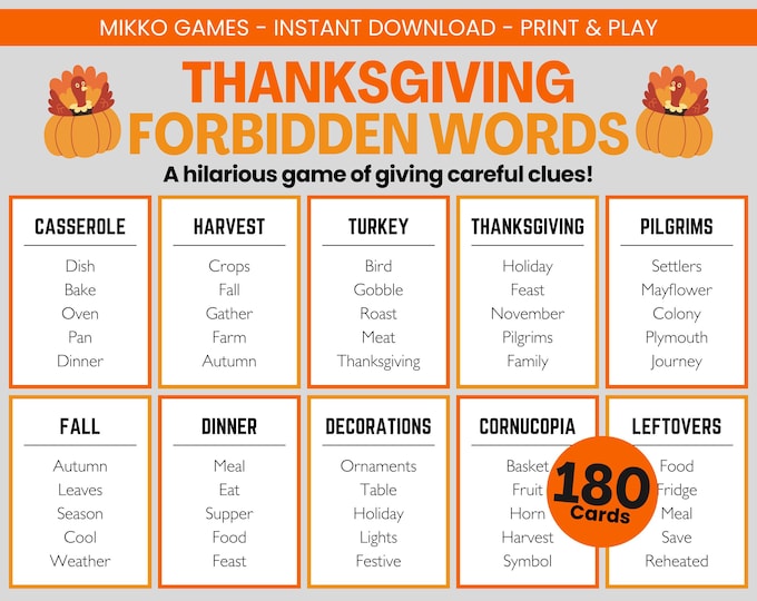 Thanksgiving Forbidden Words: Printable Large Group Party Game for Kids ...