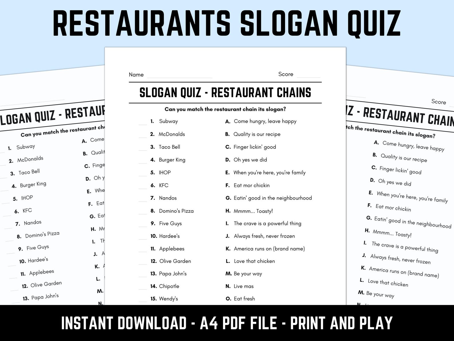 Printable Restaurant Chains Slogan Match up Quiz: Downloadable Pub Quiz ...